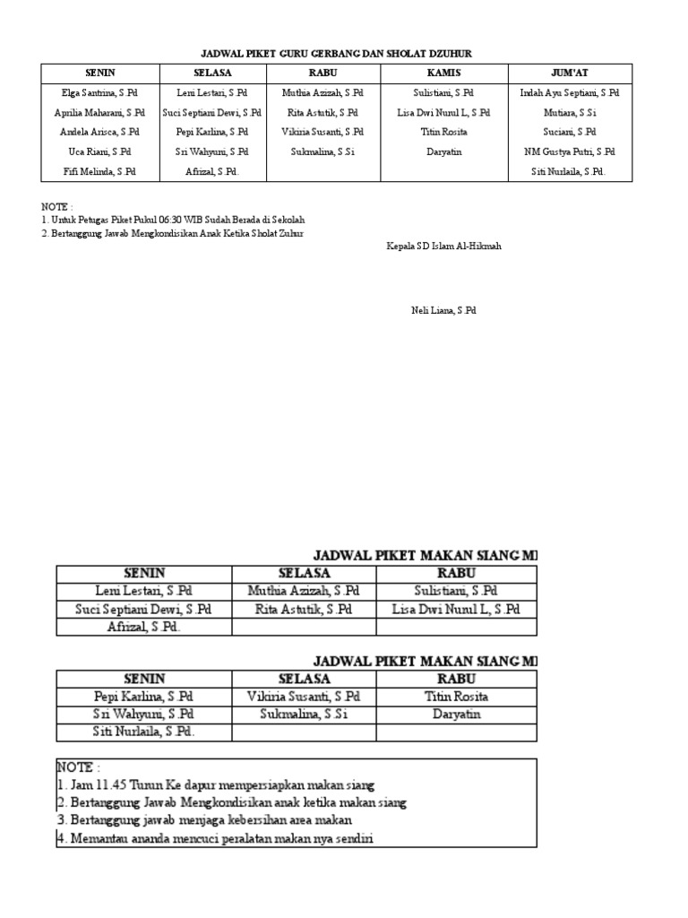 Daftar Piket Guru SDI AH 2023-2024 | PDF