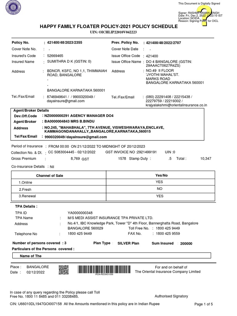 Happy Family Floater Policy-2021 Policy Schedule: UIN ...