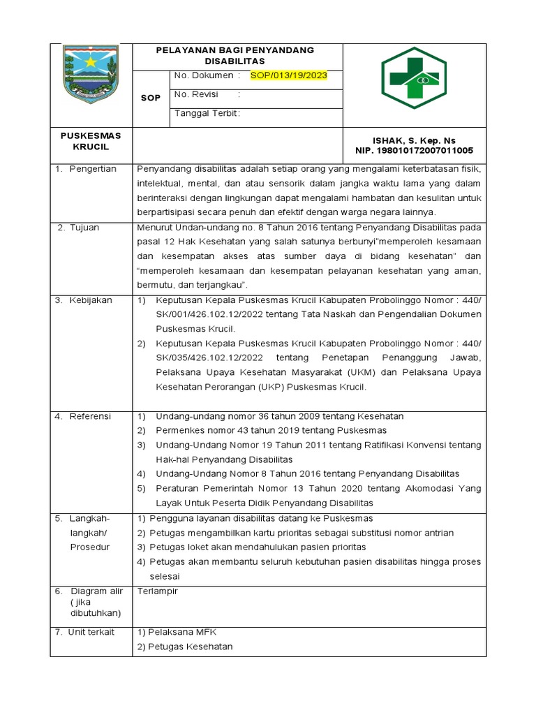 SOP Pelayanan Disabilitas di Puskesmas | PDF