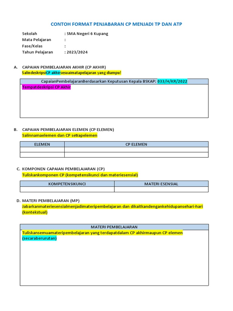Format Penjabaran CP Menjadi TP Dan ATP-SMA | PDF