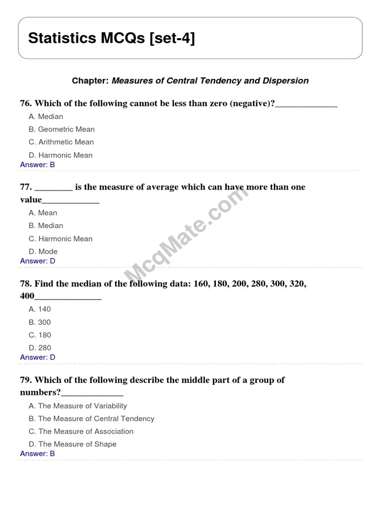 Statistics MCQs: Central Tendency & Dispersion | PDF | Mean | Skewness