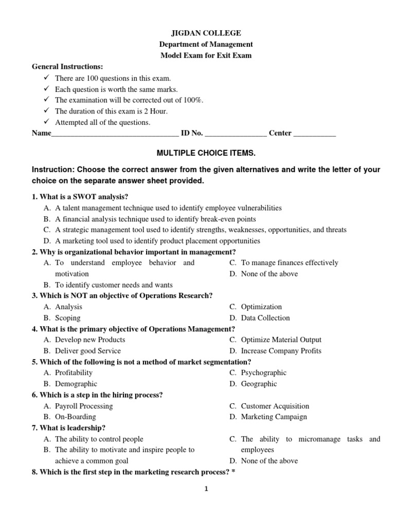 MODEL EXAM FOR JIGDAN COLLEGE sUBMITTED | PDF | Marketing | Strategic ...
