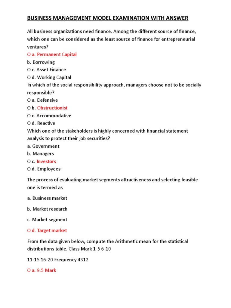 Business Management Model Examination With Answer | PDF | Marketing ...