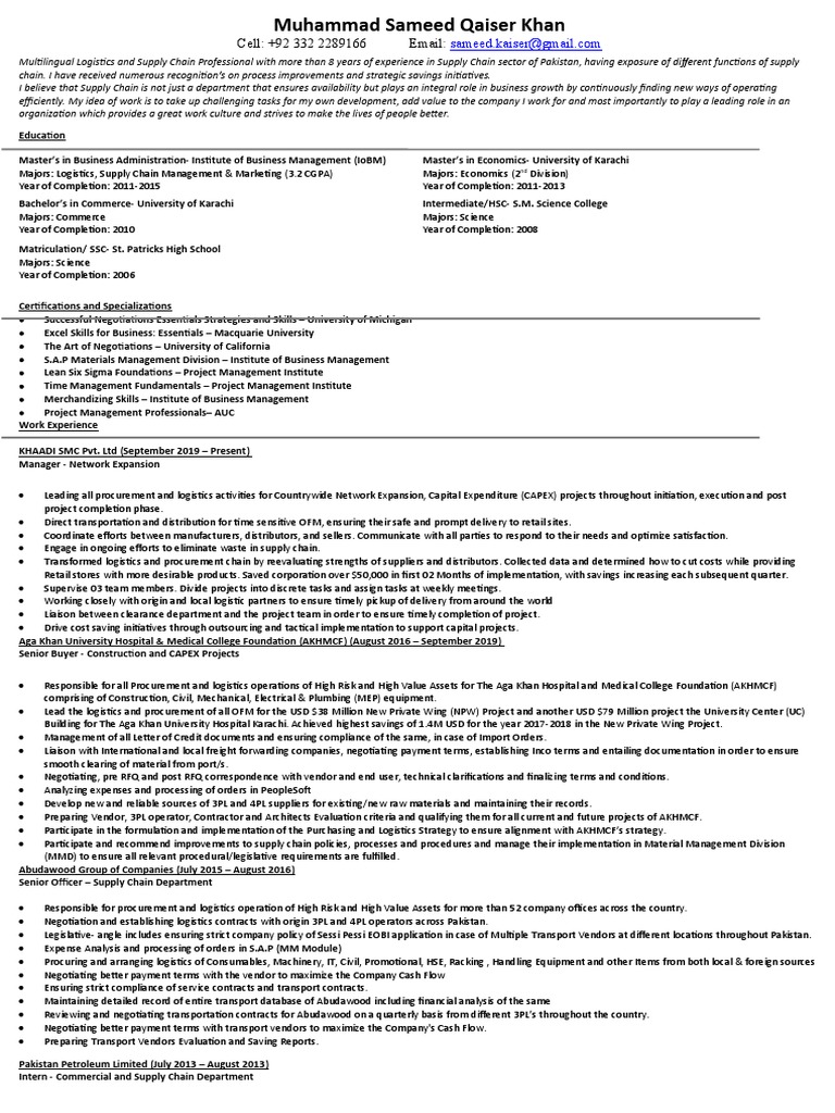 CV-Muhammad Sameed Kaiser (Logistics) | PDF | Logistics | Procurement CV-Muhammad Sameed Kaiser (Logistics) | PDF | Logistics | Procurement