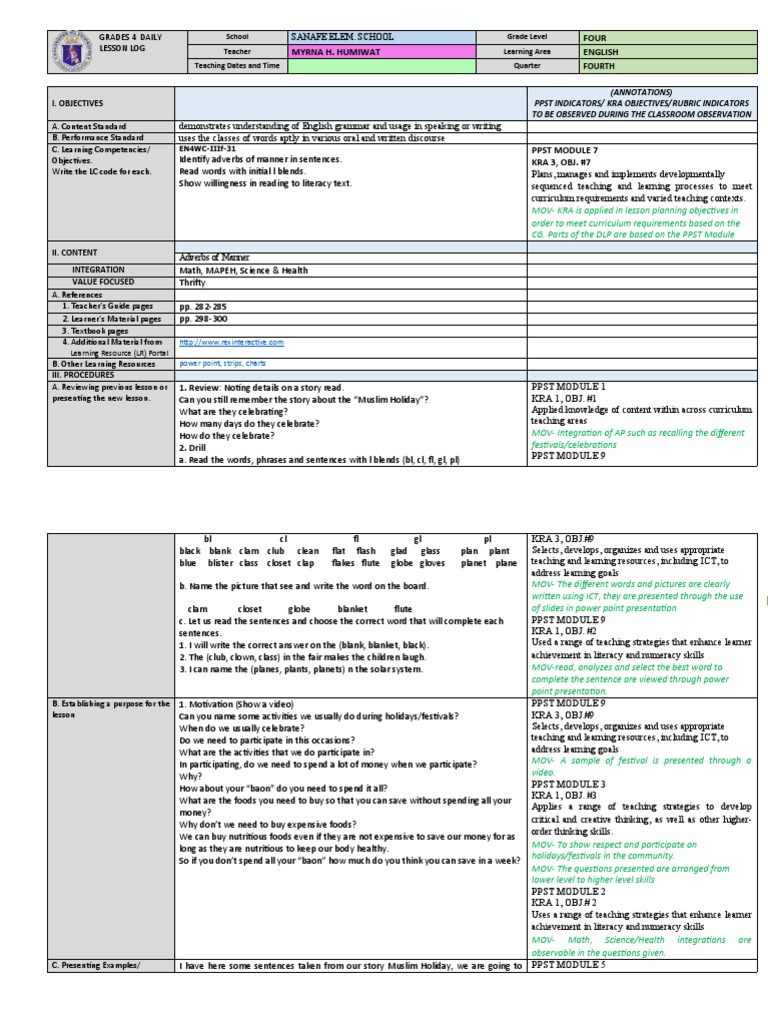 DLL English-Adverb of Manner | PDF | Educational Assessment | Learning