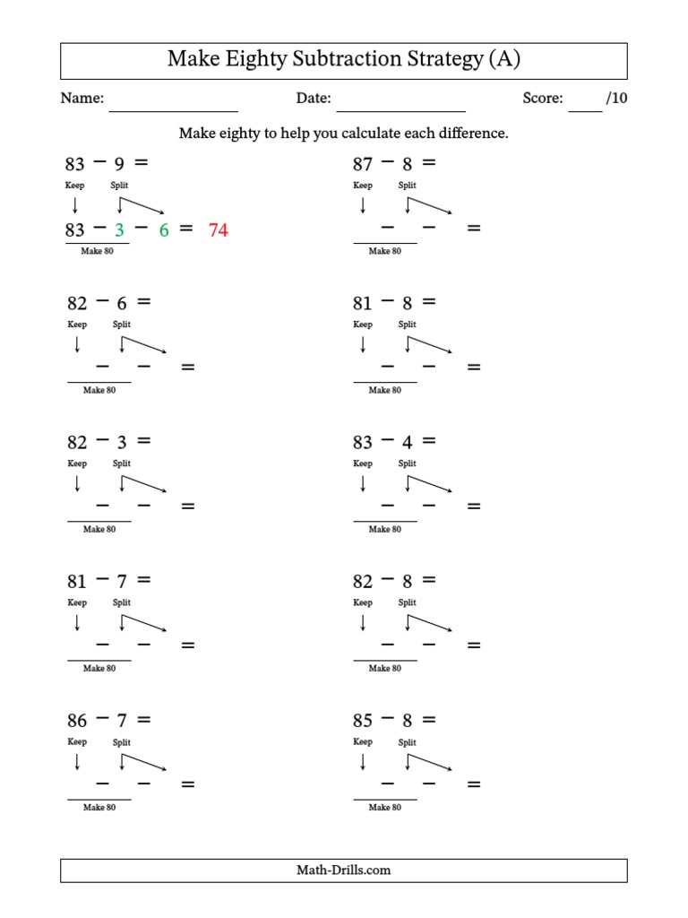 Subtraction Using the Make 80 Method | PDF | Arithmetic | Mathematics