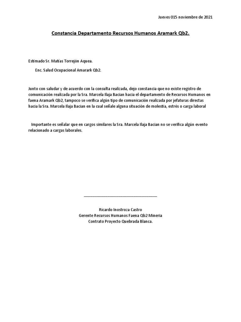 Constancia Departamento Recursos Humanos Aramark Qb2 Marcela Ilaja ...