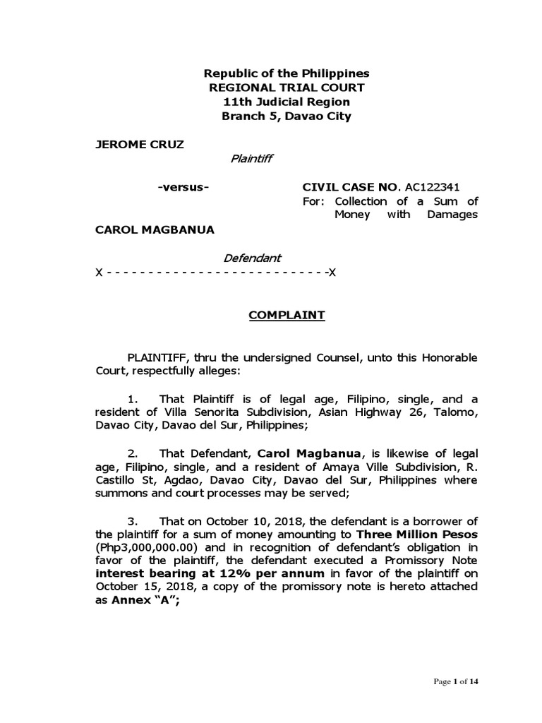 Group 5 Complaint Payment of Sum of Money | PDF | Lawsuit | Affidavit