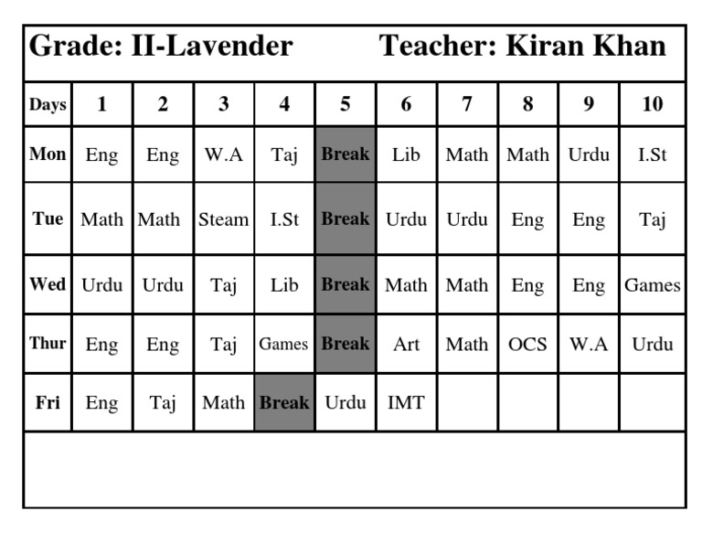 Grade 2 - Lavenders Time Table | PDF
