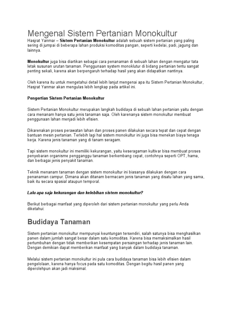 Sistem Monokultur: Untung dan Rugi | PDF
