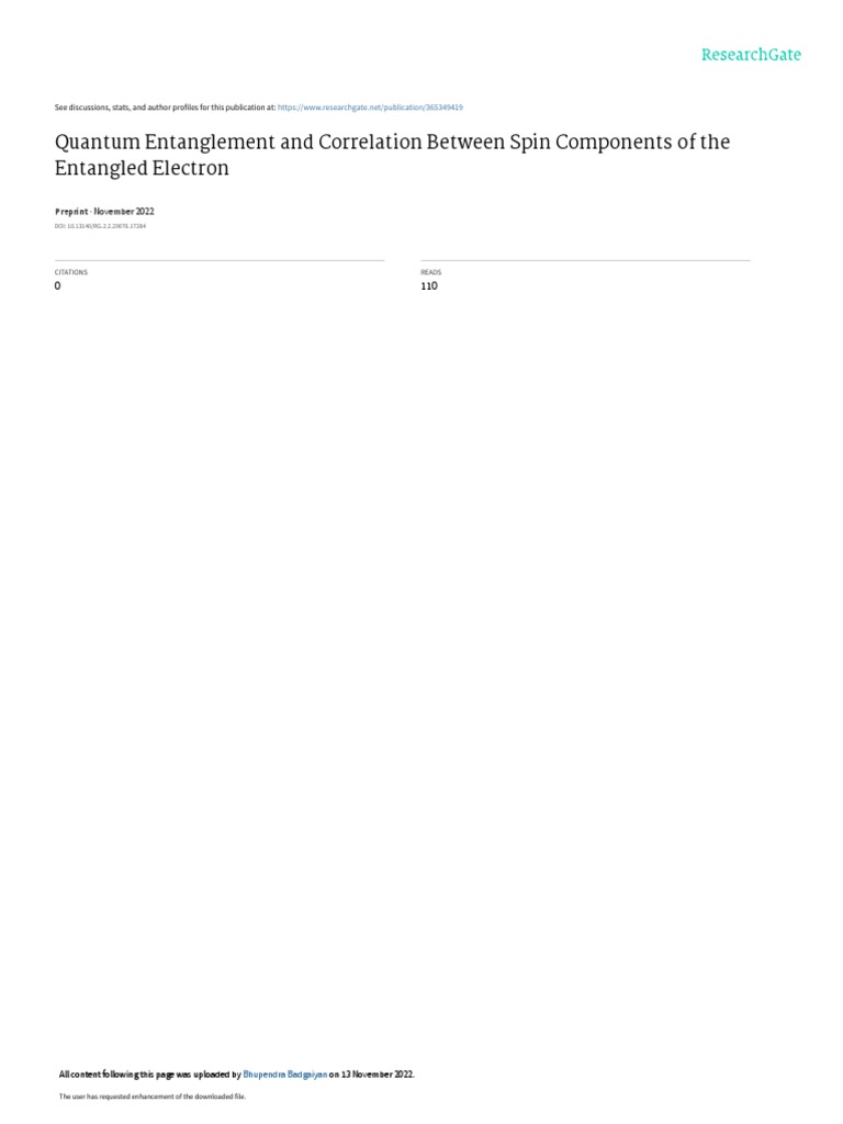 Quantum Entanglement and Correlation Between Spin Components of The Entangled Electron | PDF ...