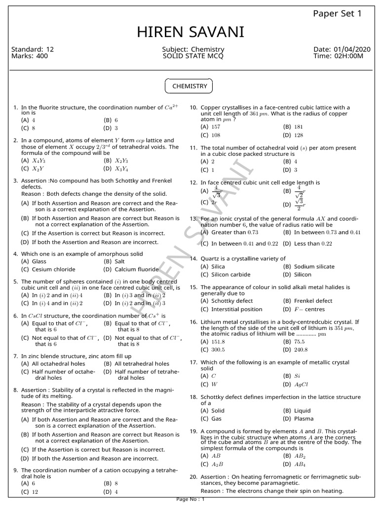 Solid State MCQ 1592103881 | PDF | Crystal Structure | Ion