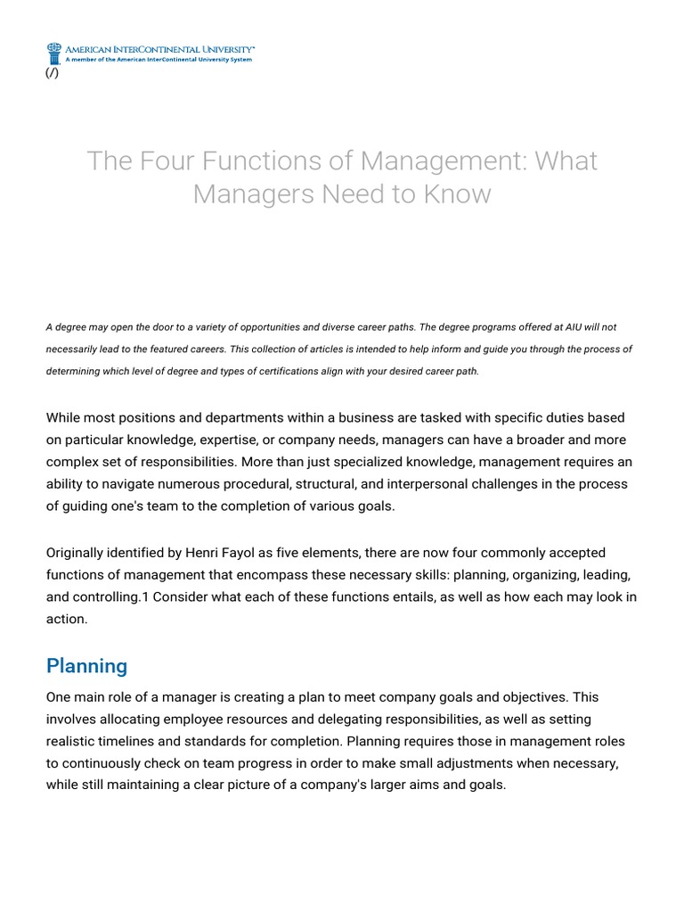 The Four Functions of Management - What Managers Need To Know - AIU ...