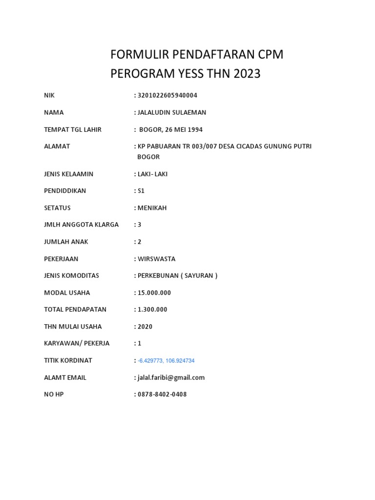 Formulir Pendaftaran CPM Perogram Yess THN 2023 | PDF