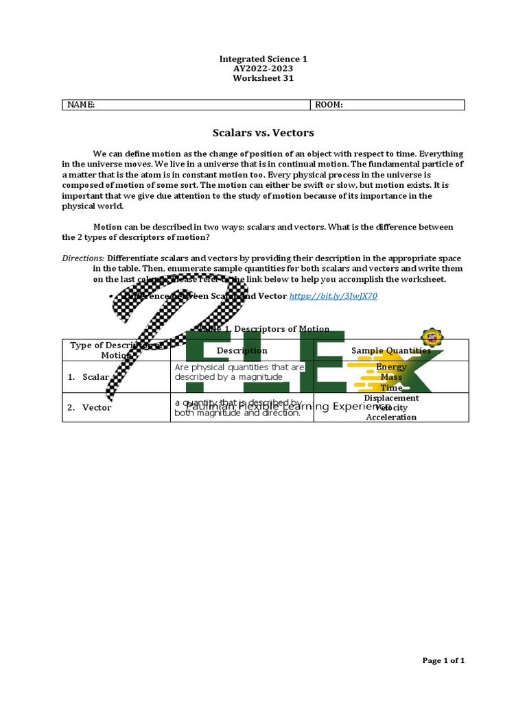 Worksheet 31 Scalars Vs Vectors | PDF