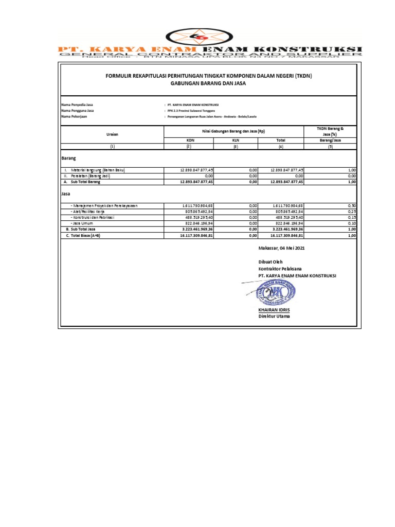 Formulir Perhitungan TKDN Konstruksi | PDF
