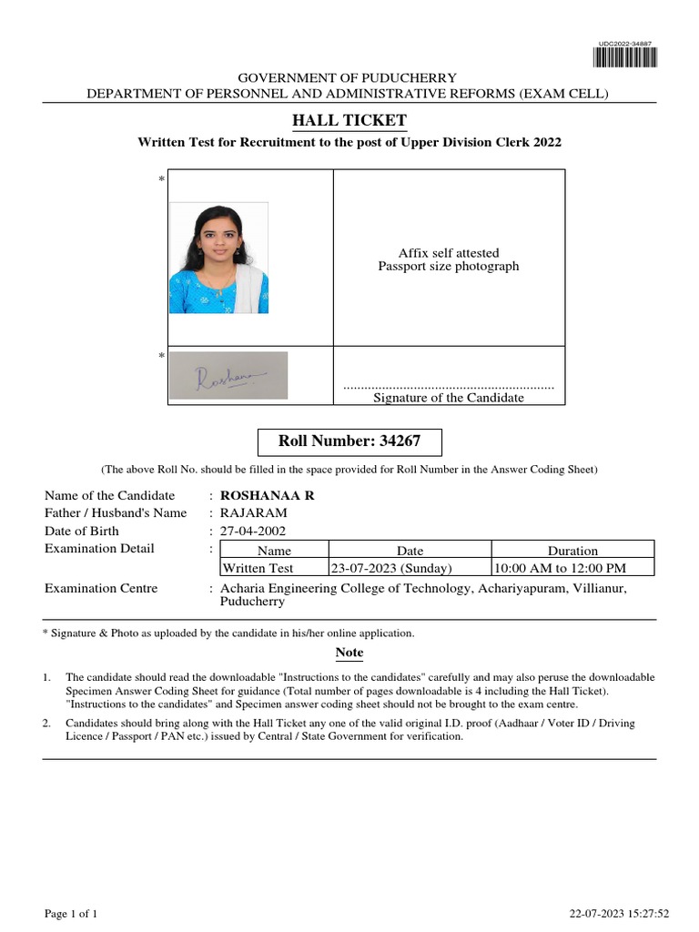 Hall Ticket: Written Test For Recruitment To The Post of Upper Division ...