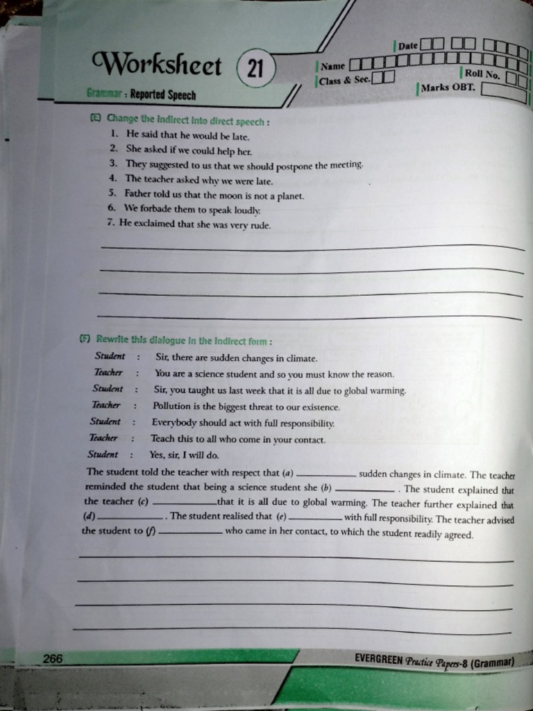 Reported Speech - Evergreen Worksheet | PDF