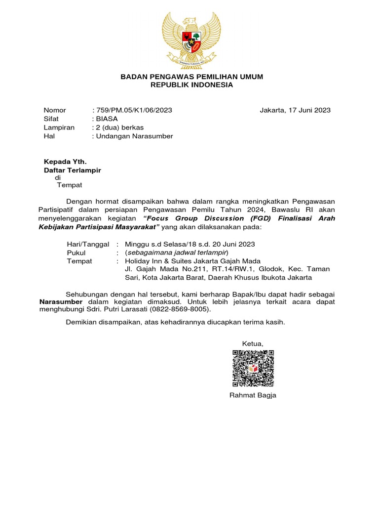 Undangan Narsum FGD 18-20 Juni 2023 | PDF