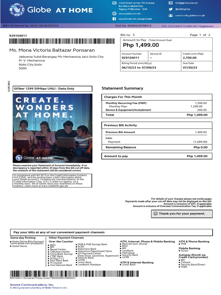 Globe Bill 929104011 | PDF | Credit Card | Payments