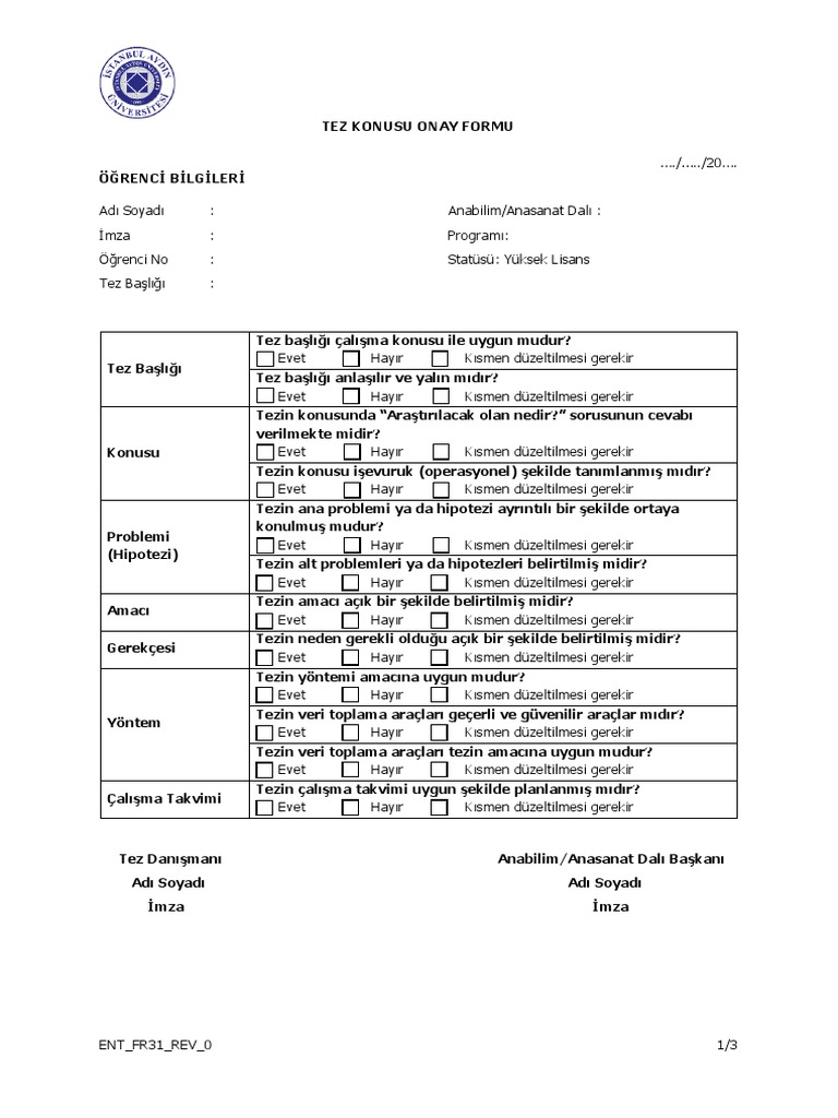 ENT - FR31 - 0 TEZ KONUSU ONAY FORMU (2) - Kopya | PDF