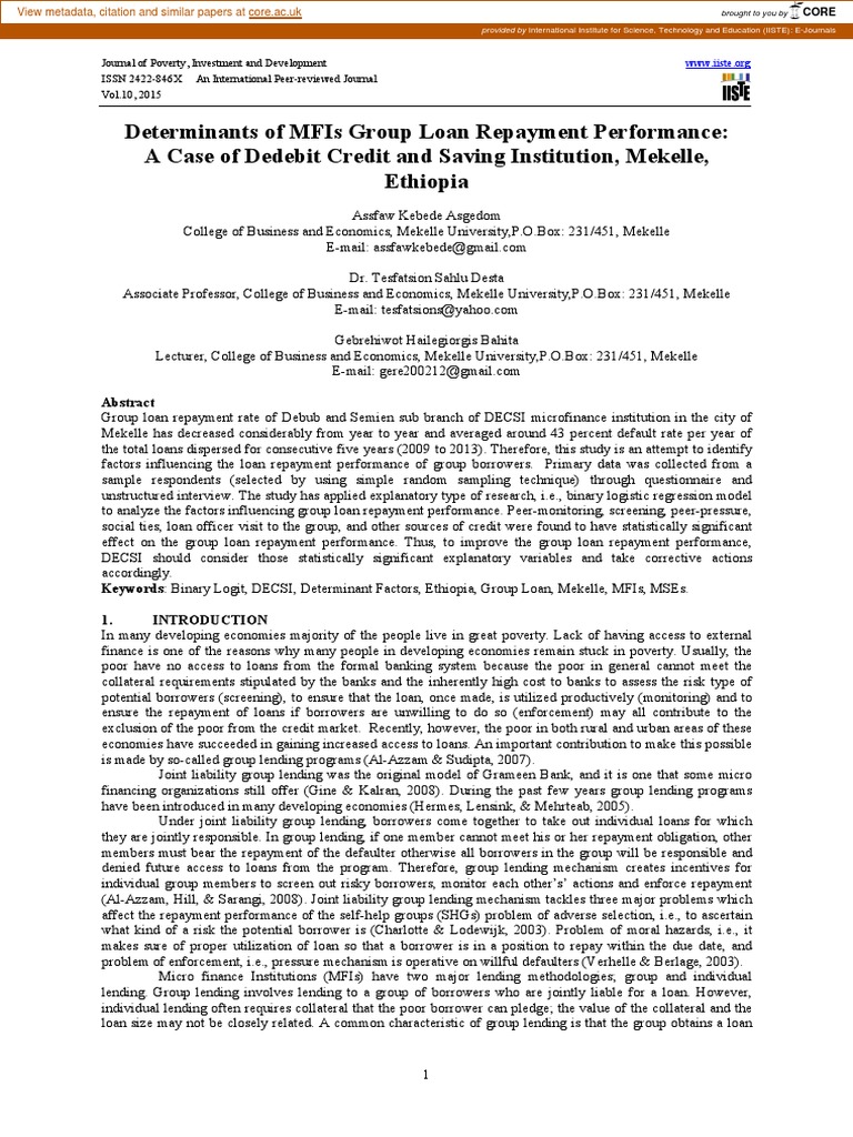Determinants of Mfis Group Loan Repayment Performance: A Case of ...