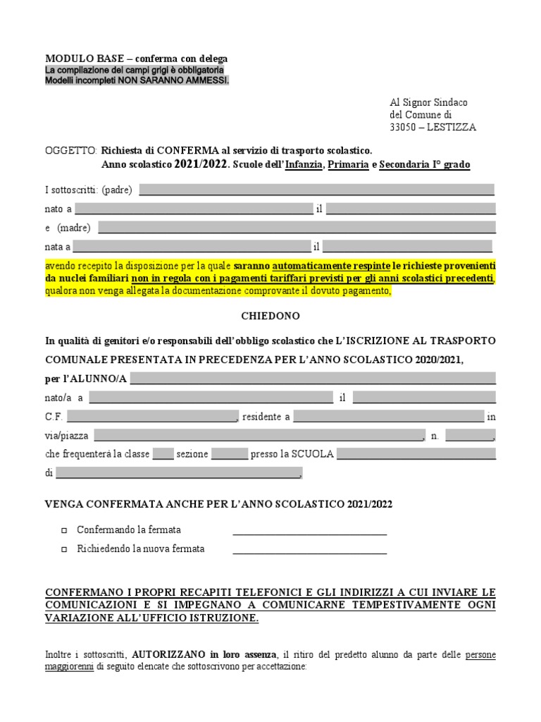 MODULO CONFERMA TRASPORTO 2021-2022 Con Delega-2 | PDF