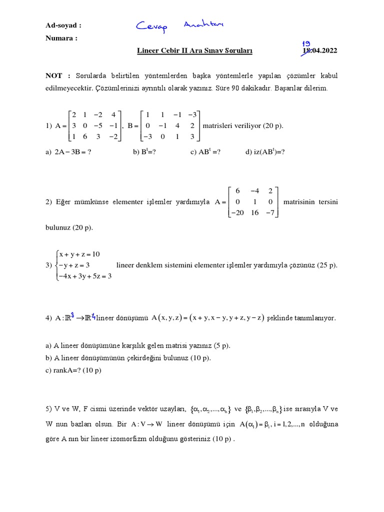 Lineer Cebir II Ara Sınav Cevap 2022 Bahar | PDF