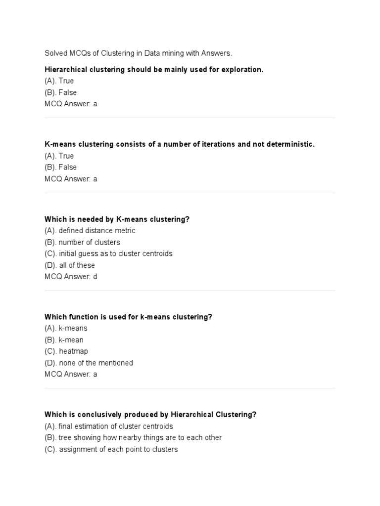 5clustering Solved MCQs of Clustering in Data Mining With Answers | PDF | Cluster Analysis ...