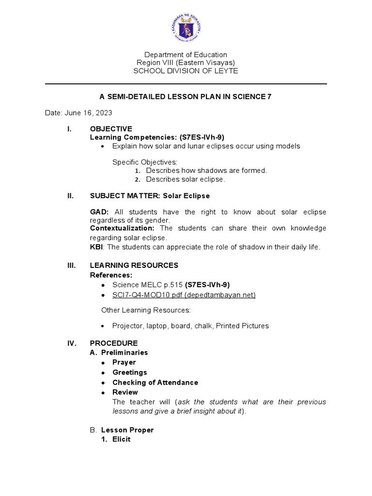 Grade 7 Solar Eclipse Lesson Plan | PDF | Shadow | Sun