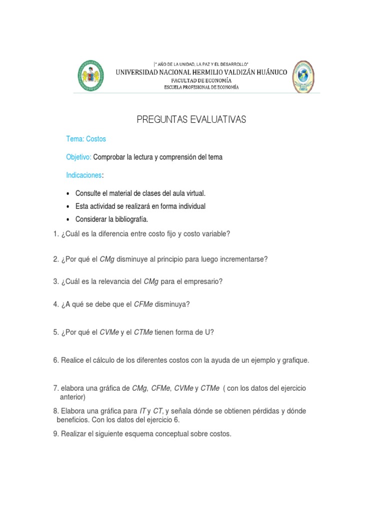 Preguntas Evaluativas de Costos - Ok | PDF Preguntas Evaluativas de Costos - Ok | PDF