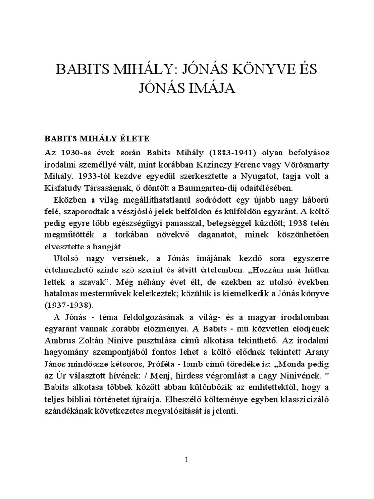 Babits Jónás Könyve És Imája | PDF
