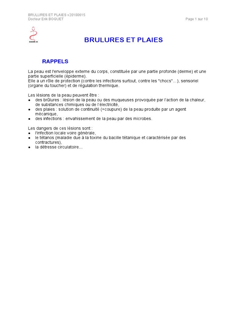 PSE1: Brulures Et Plaies | PDF | Brûlure | Médecine clinique