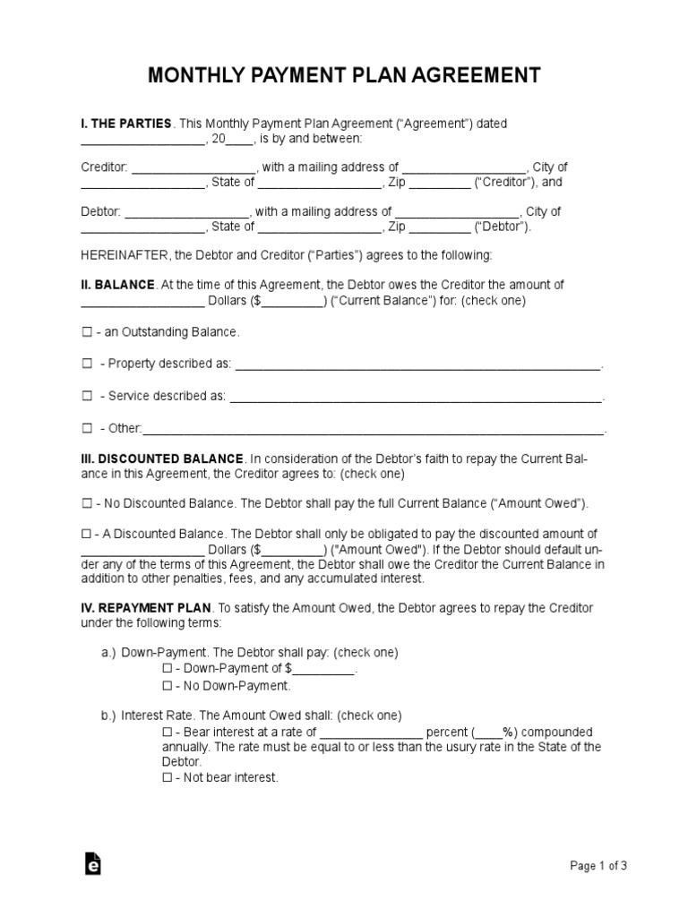 Monthly Payment Plan Agreement | PDF | Debtor | Interest