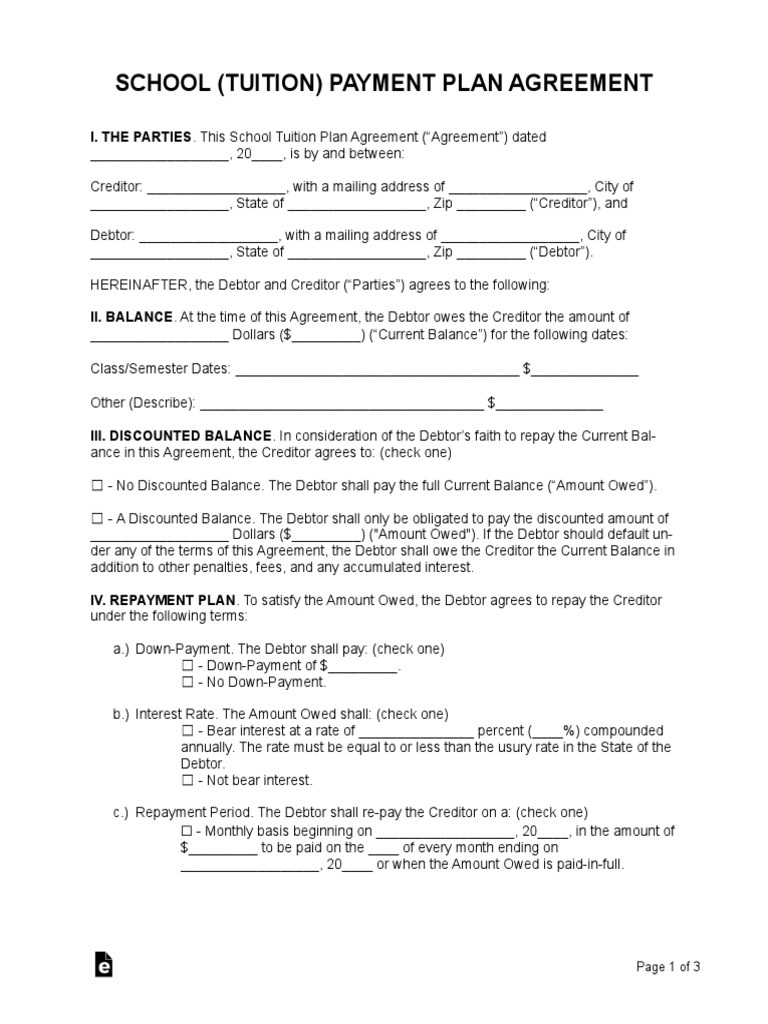 School Tuition Payment Plan Agreement | PDF | Debtor | Interest