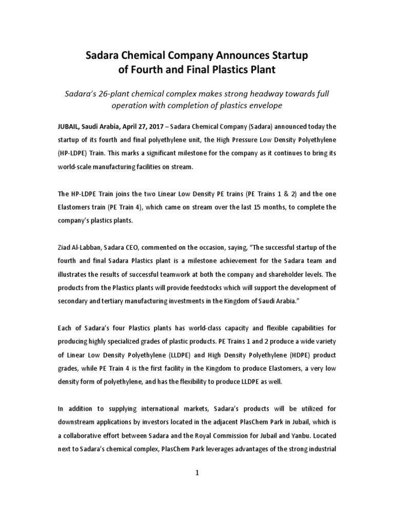 Sadara Announces Full Plastics Operations | PDF | Polyethylene | Plastic