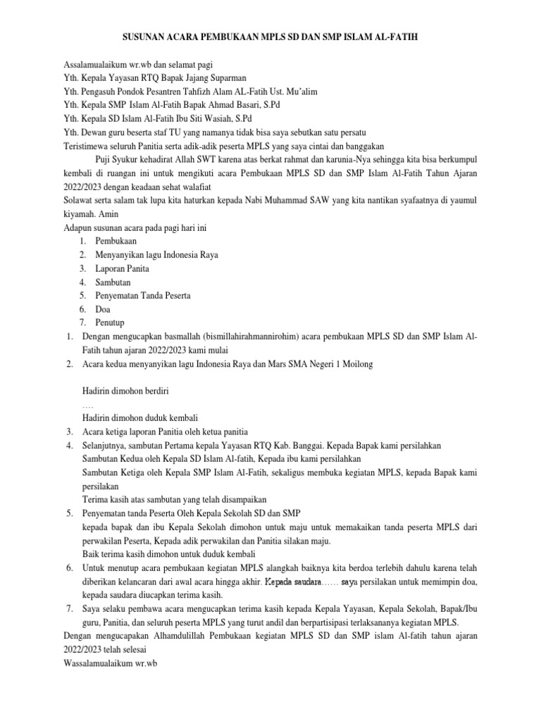 Susunan Acara Pembukaan Mpls Smp Islam Pdf