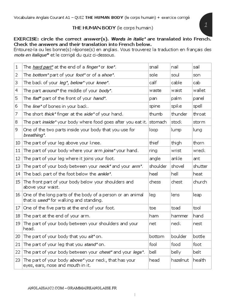 n1 Voc A1a2 Quiz Corrigecc81 Le Corps Humain Human Body en Anglais 1 2 ...
