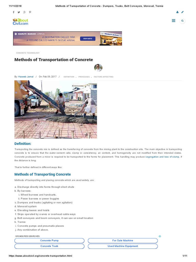 Methods of Transportation of Concrete - Dumpers, Trucks, Belt Conveyors ...
