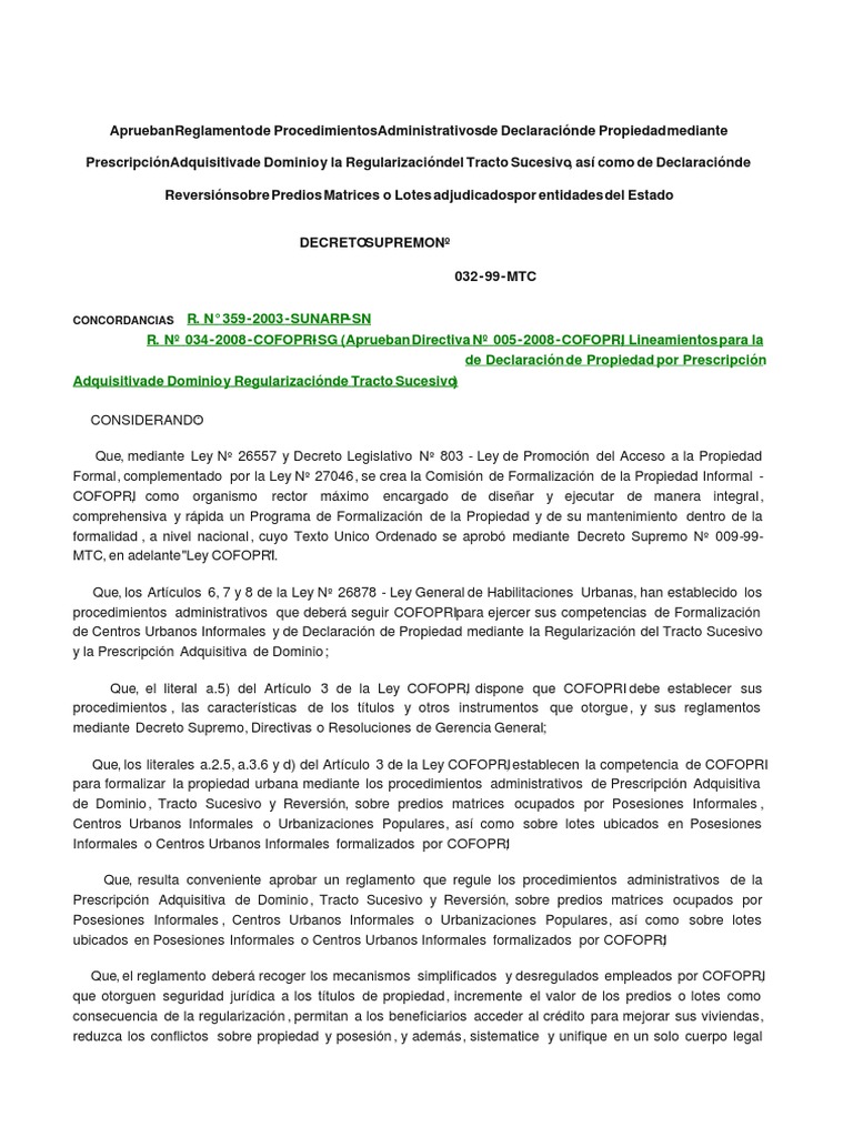 DS 032-99-MTC | PDF | Posesión (Ley) | Propiedad