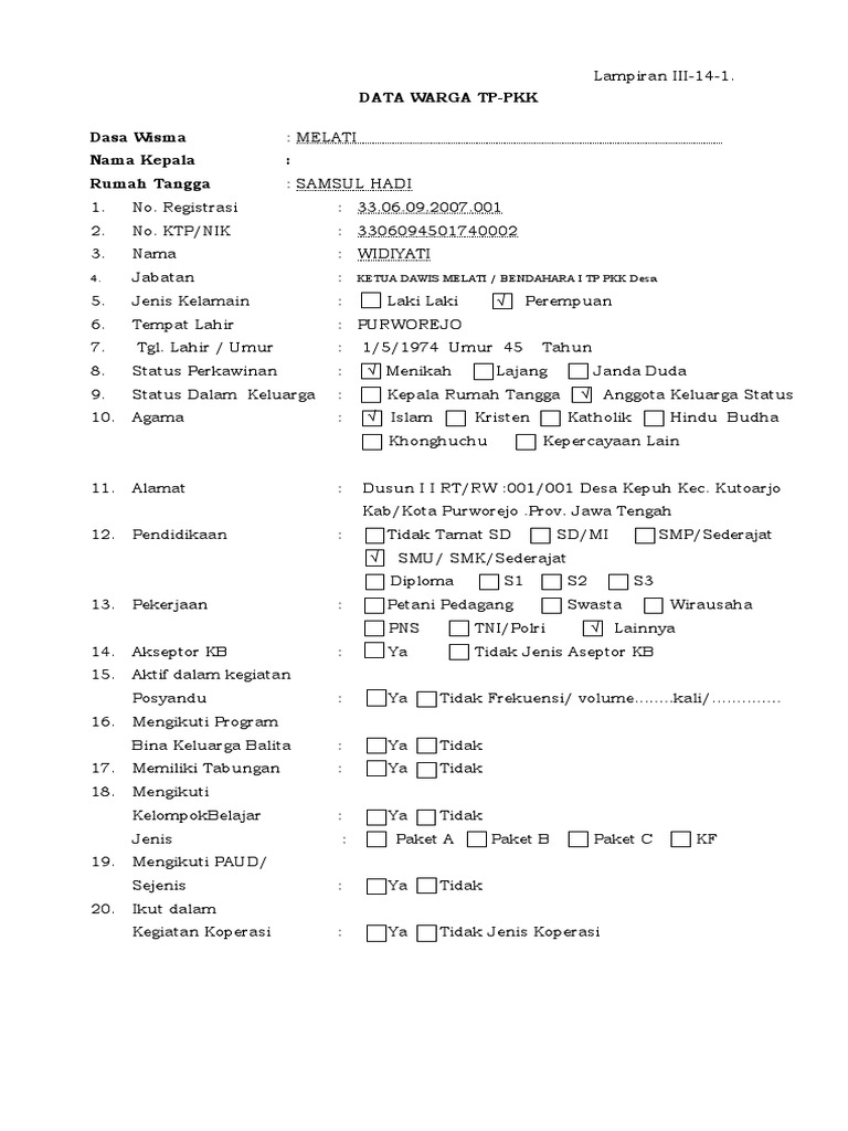 Data Warga TP-PKK Dasa Wisma Melati | PDF