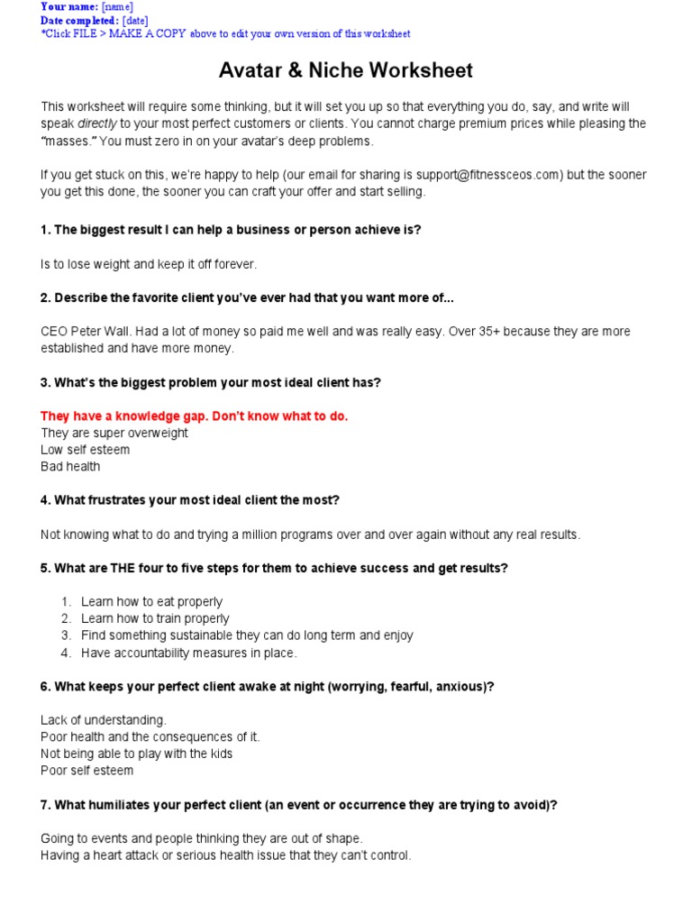 04-Avatar & Niche Worksheet | PDF