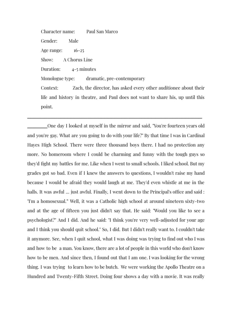 Paul's Monologue Transcript - A Chorus Line | PDF