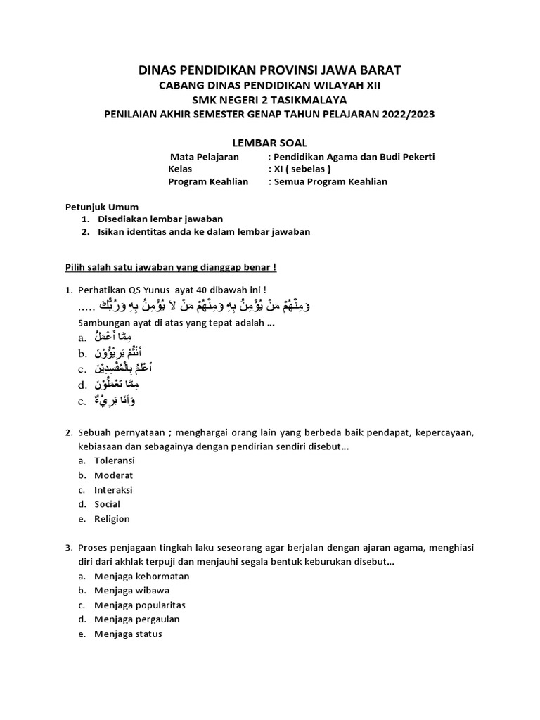 Soal Pat 2022-2023 Pai Kelas Xi | PDF