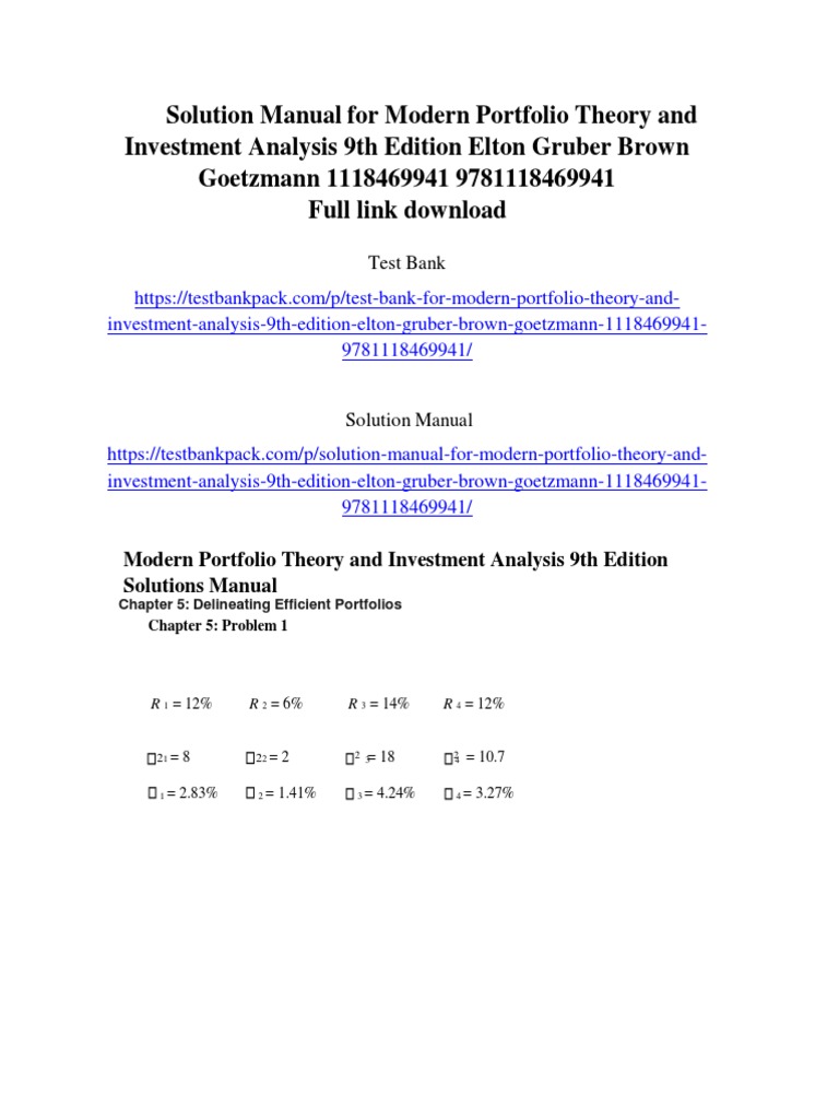 Modern Portfolio Theory and Investment Analysis 9th Edition Elton Gruber Brown Goetzmann ...