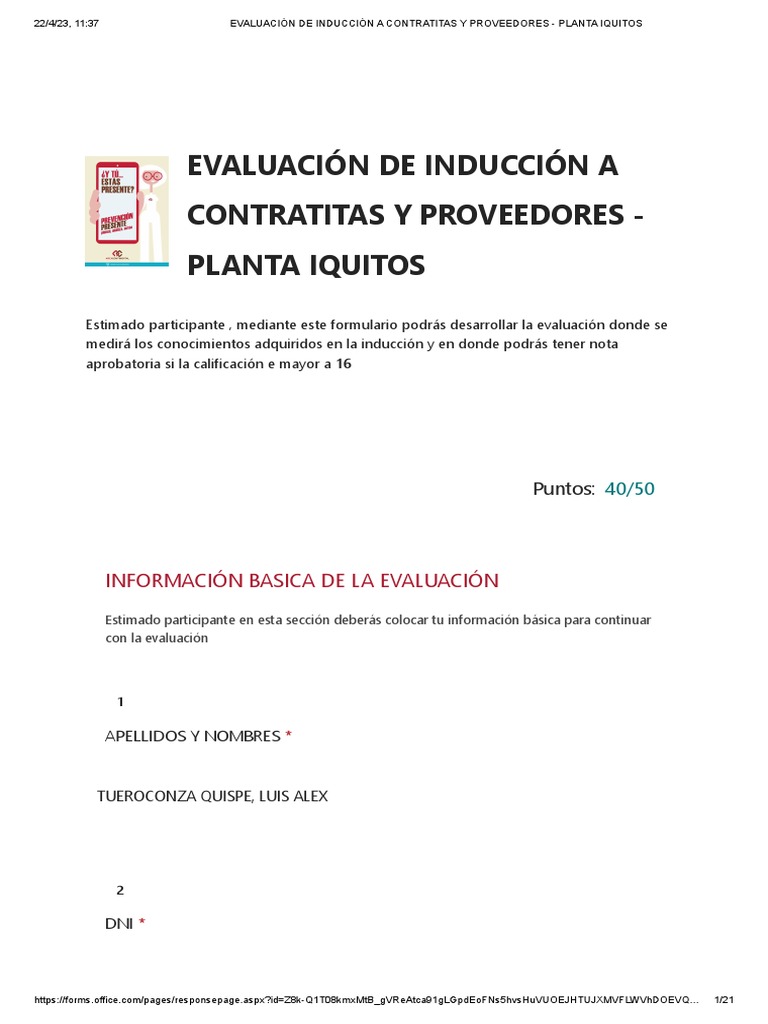 Evaluación de Inducción a Contratitas y Proveedores - Planta Iquitos - Resultados Luis Alex ...