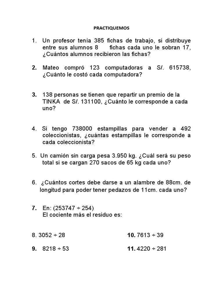 Problemas de división para primaria | PDF