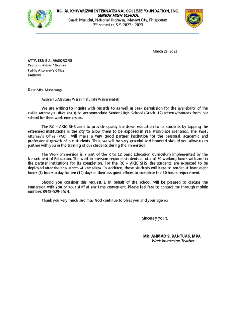 SHS Internship Request to PAO | PDF