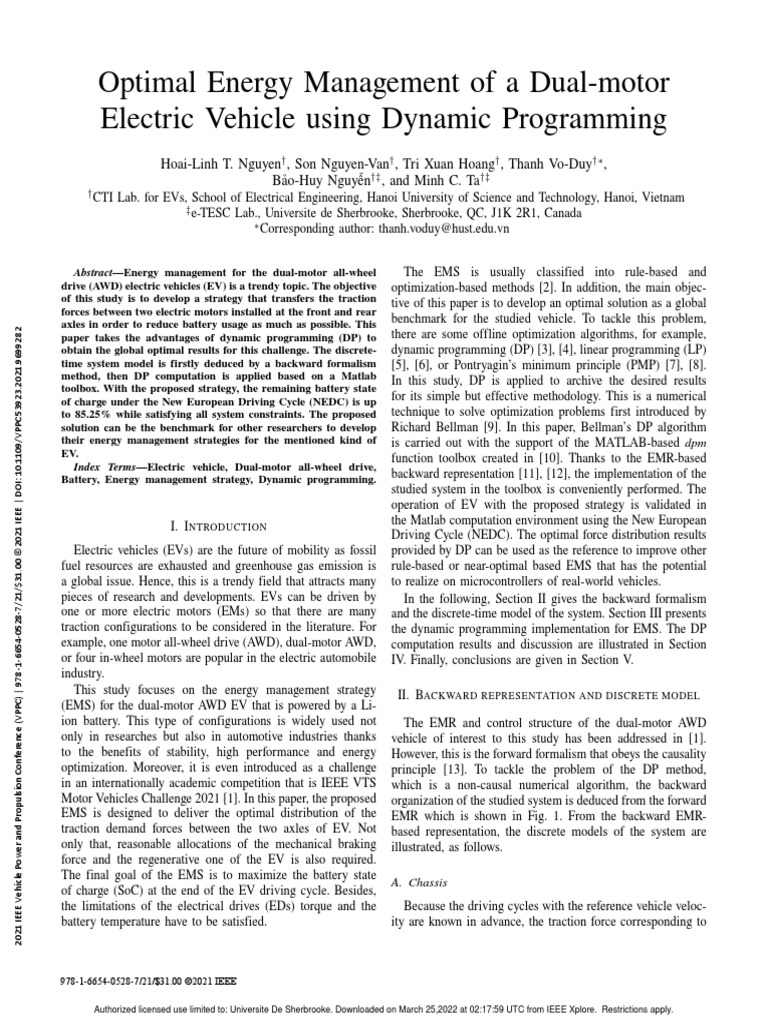 Optimal Energy Management of A Dual-Motor Electric Vehicle Using Dynamic Programming | PDF ...