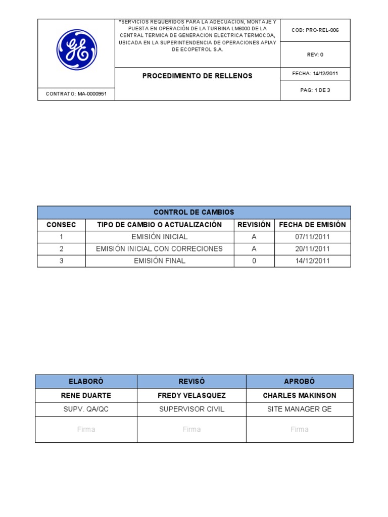 PRO-REL-006 Procedimiento de Rellenos (Rev 0) | PDF